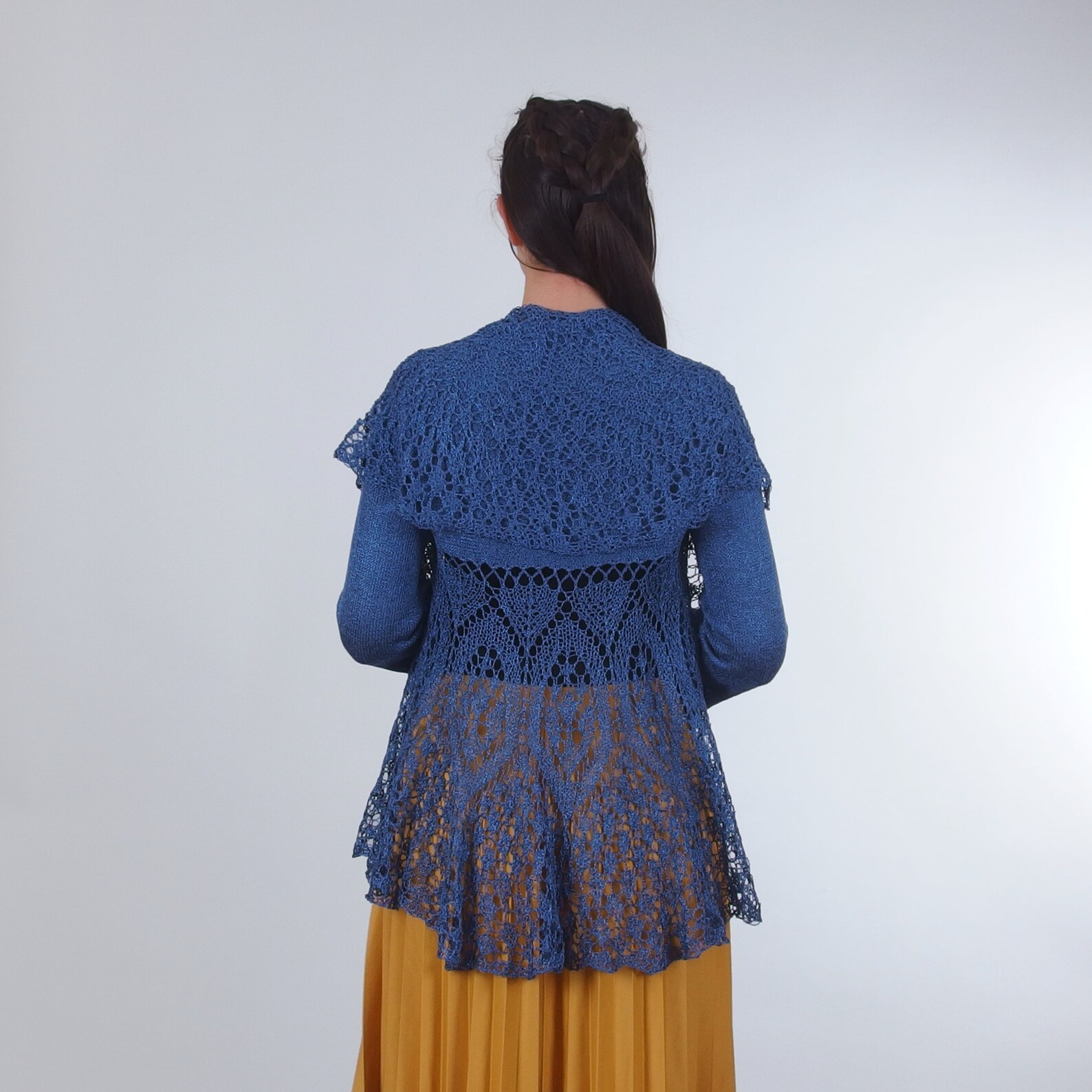Hand Knit Lace Cardigan, Handmade Open Front Sweater With Shawl Collar ...
