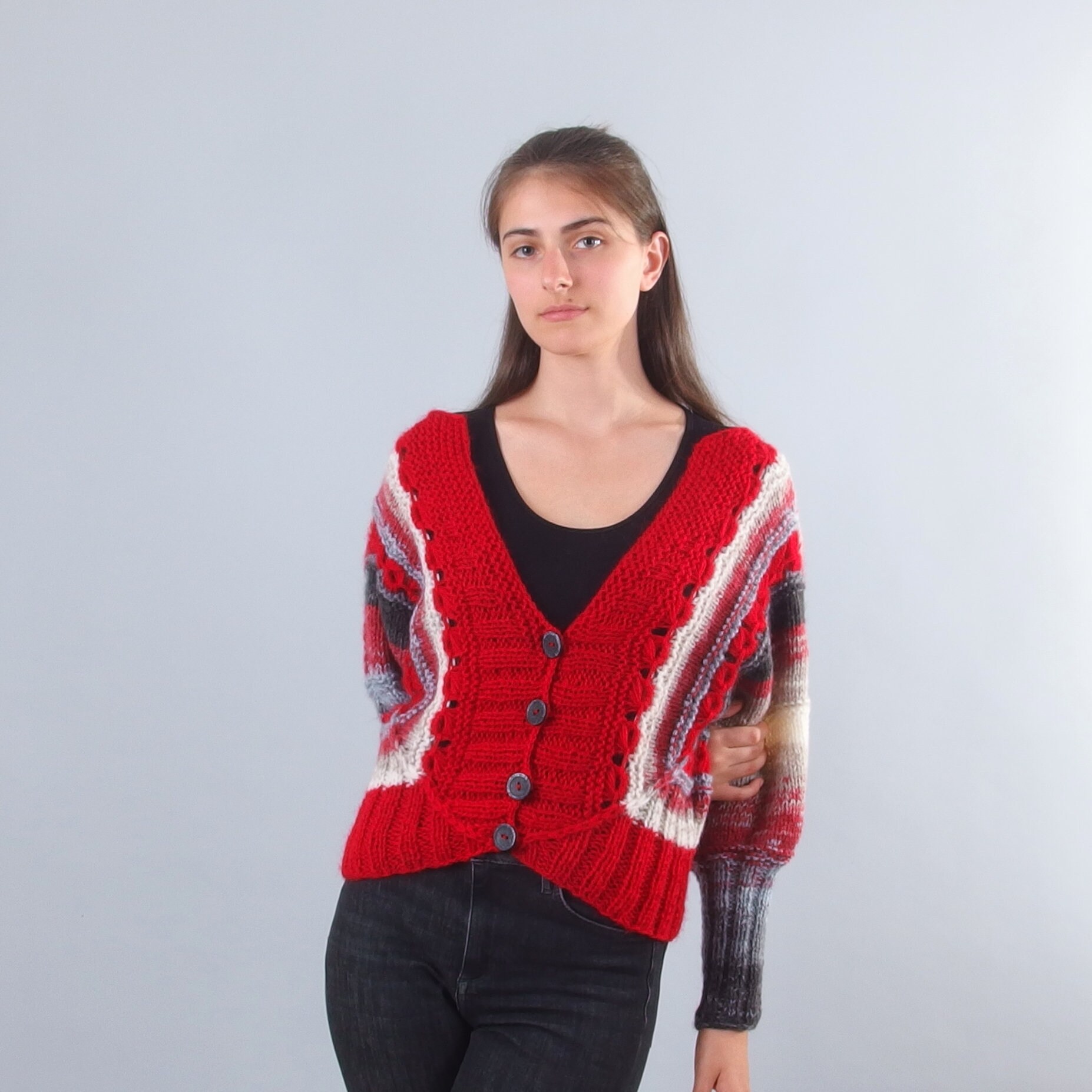 Red Hand Knit Women's Cardigan Ribbed Knit With Crochet - Etsy UK