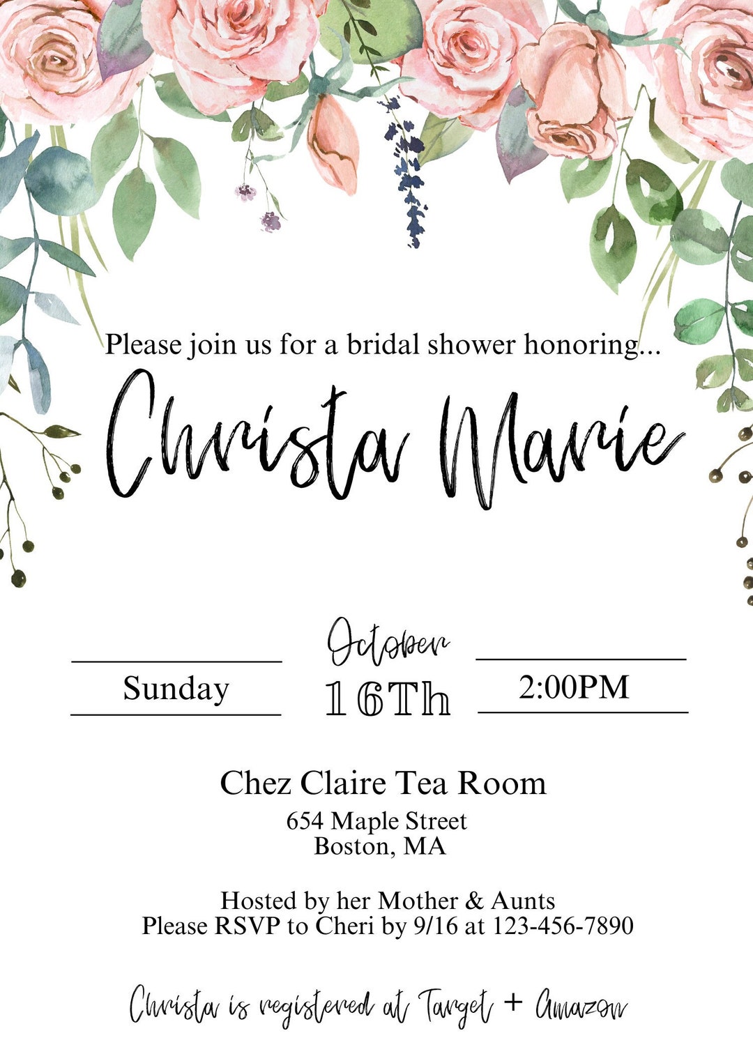 Light Pink, Rose, Elegant, Customizable Bridal Shower Invitation ...