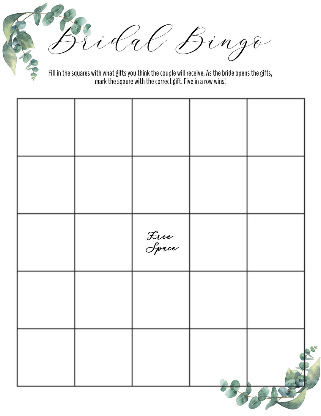 Eucalyptus, Greenery Customizable Bridal Shower Bingo Card Instructions ...
