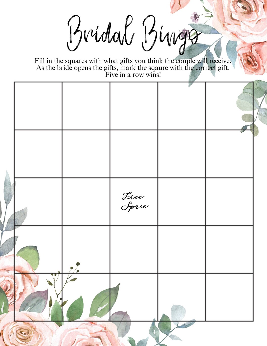 Light Pink, Roses, Pretty, Customizable Bridal Shower Bingo Card ...