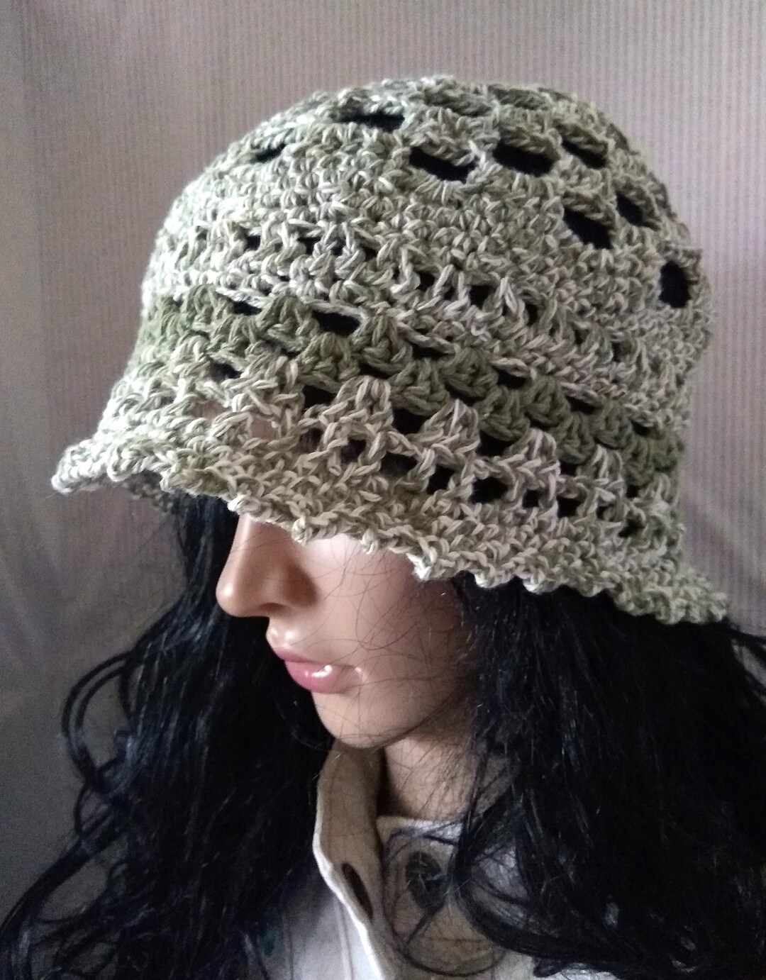 Crochet Hat, Cotton Airy, Tweedy Green Ivory Summer Spring Hat Cloche ...