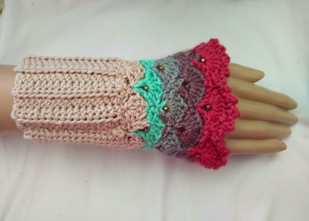Beaded Crochet Cuffs Fingerless Gloves Khaki, Rust, Dusty Purple, Gray ...