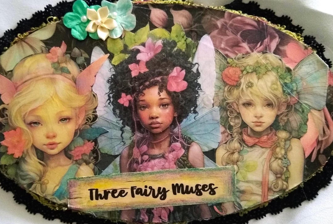 Wall Art Oval Three Fairy Muses Plaque Hanger, Magical, Lace Trim 9 X 5 ...