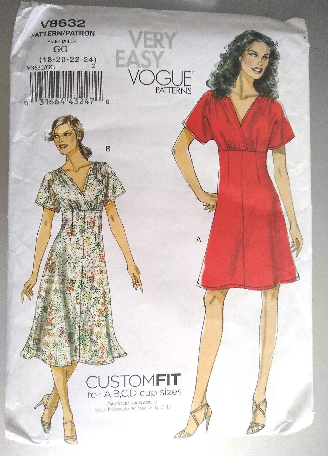 Very Easy Vogue Dress #8632 Sz 18-24 Dolman Sleeve Cross-front Flared A ...