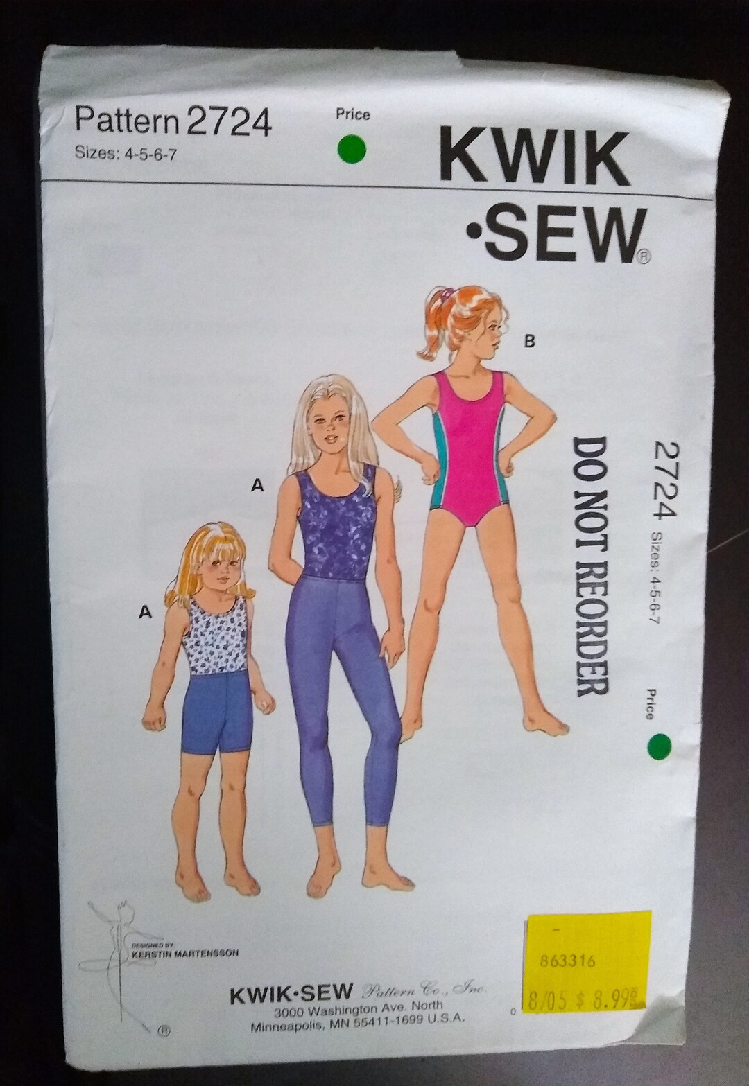 Girl Kwik Sew 2724 Girl's Dancewear Swim Leotard Sz 4-7 Leggings Shorts ...