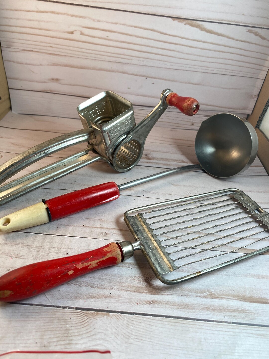 Vintage 3 Different Red Wood Handled Kitchen Farmhouse, Utensil, Mouli ...