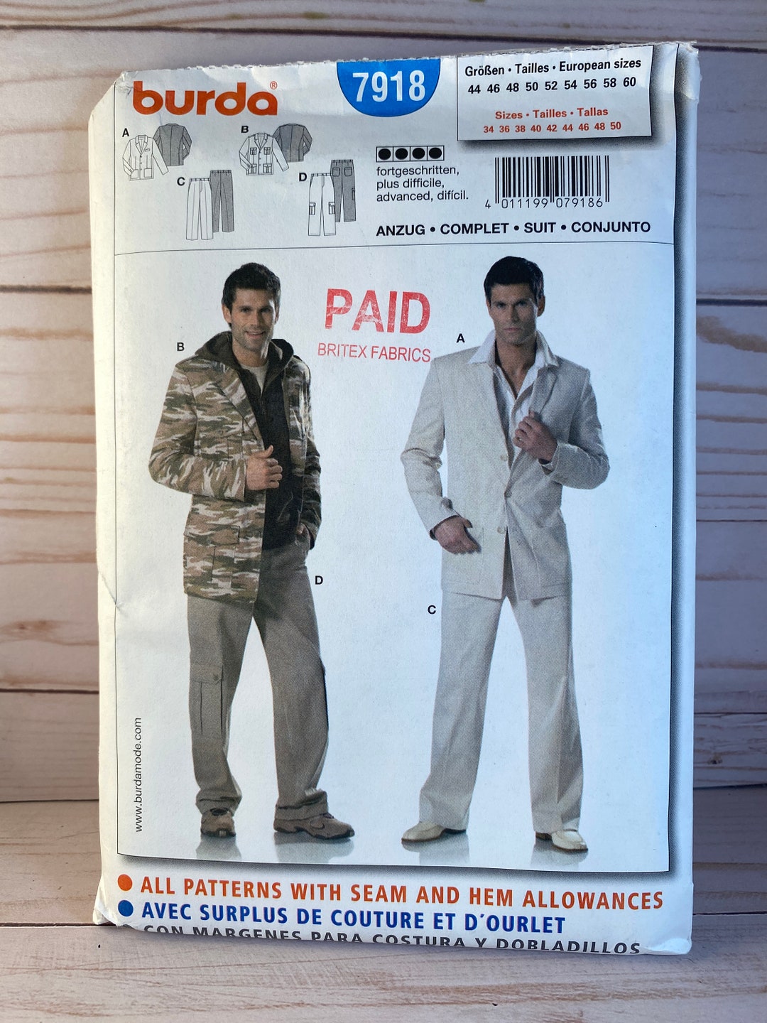 Burda 7918 Men's Suit Sewing Pattern, Jacket and Pants (sizes 48-60) - Etsy