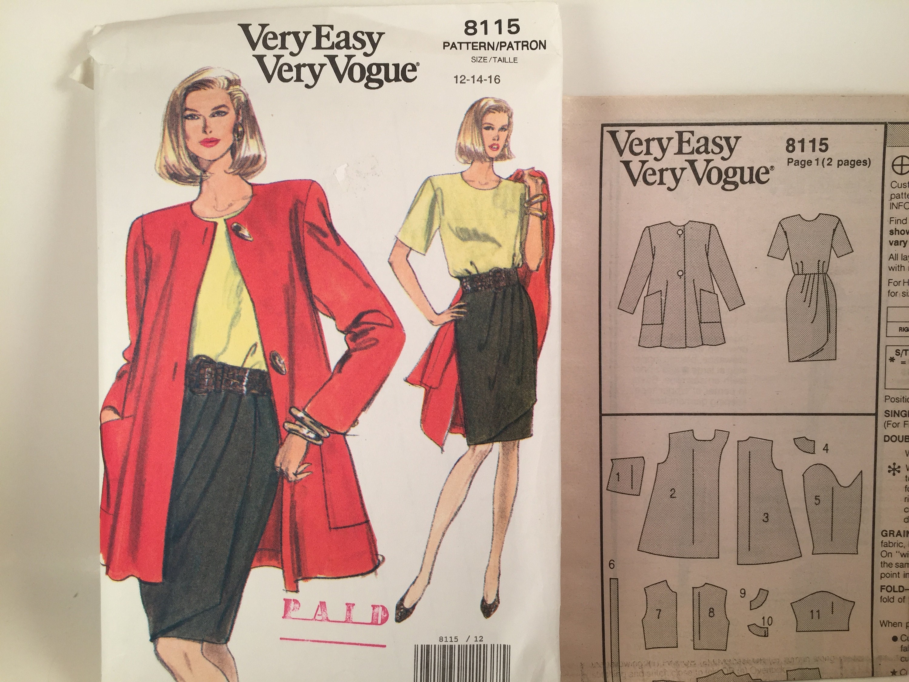 1990s Vogue Sewing Pattern 8115, Jacket and Dress (misses 12-16) - Etsy