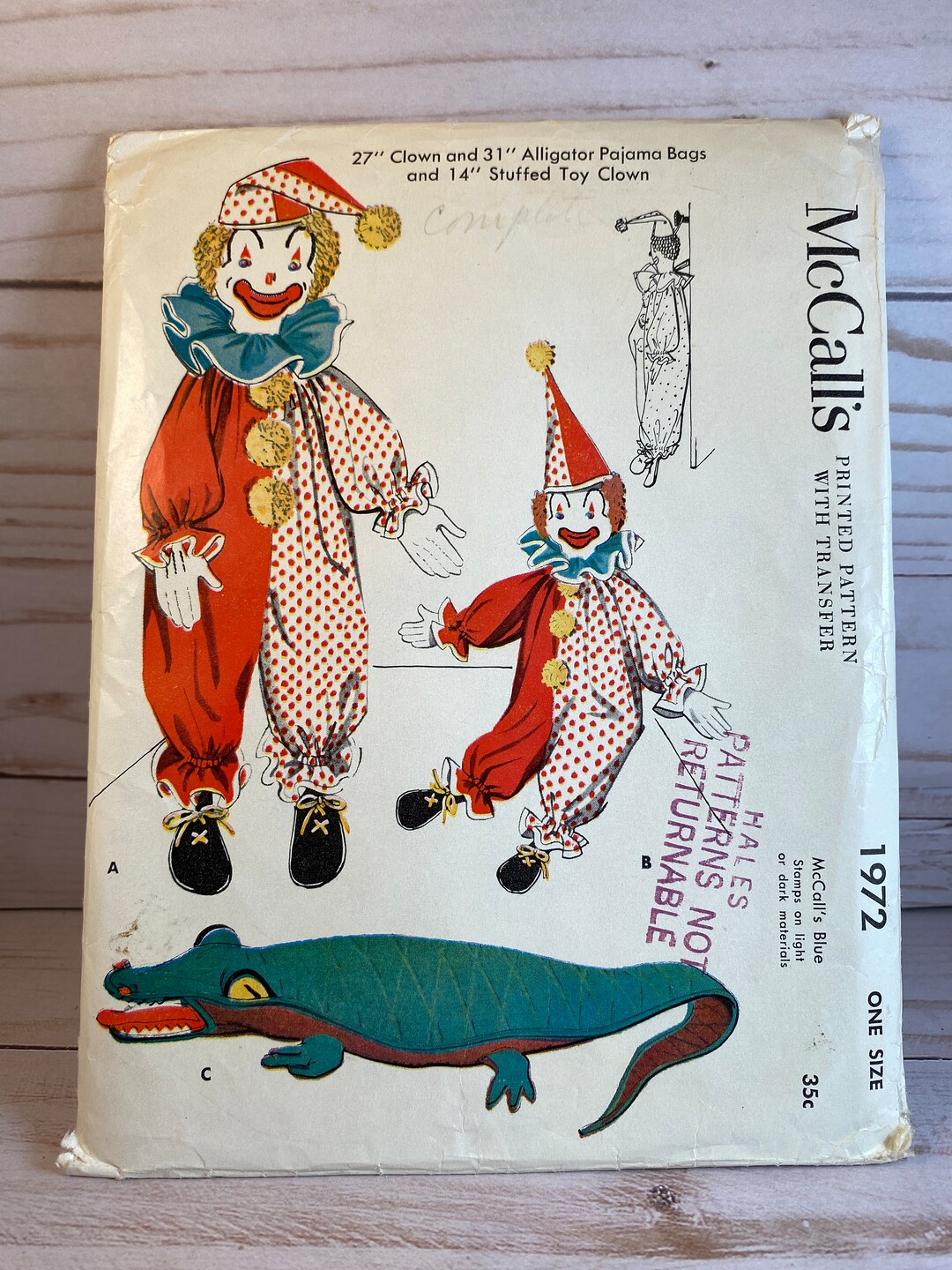 50s Alligator or Clown Pajama Bags & Stuffed Toy Clown, Sewing Pattern ...
