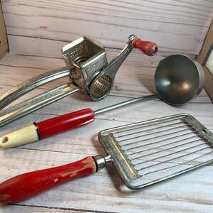 Vintage 3 Different Red Wood Handled Kitchen Farmhouse, Utensil, Mouli ...