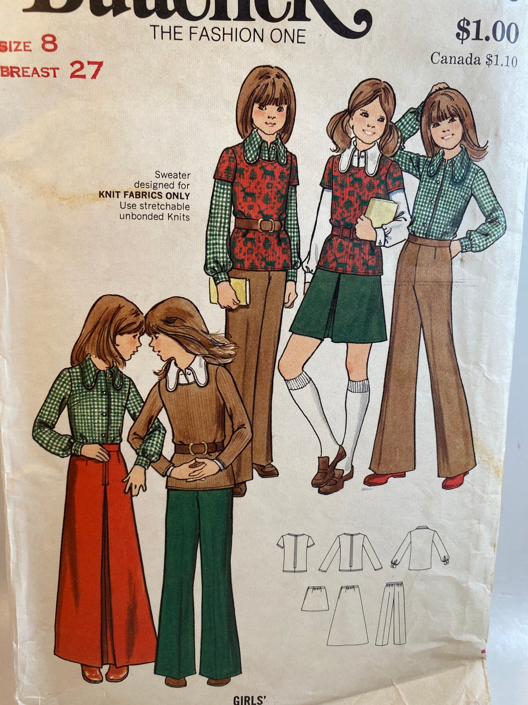 Vintage 70s Butterick 6826 Sewing Pattern: Girl's Shirt, Skirt & Pants ...
