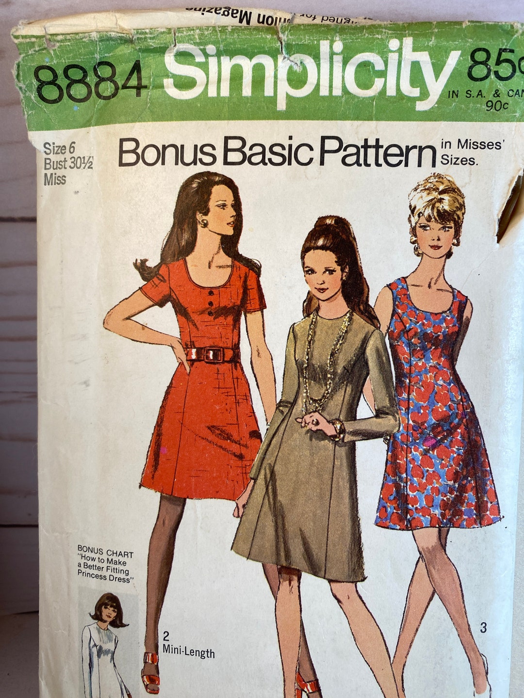 60s Basic Princess Dress, Simplicity 8884, Bonus Basic, Sewing Pattern, Neckline Variations ...