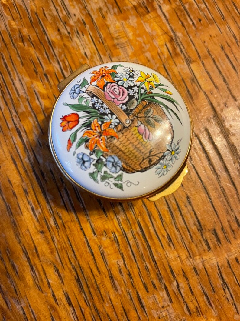 Vintage Crummles English Enamel Pill Case or Trinket Box, Nantucket Lightship With Flower Basket ...