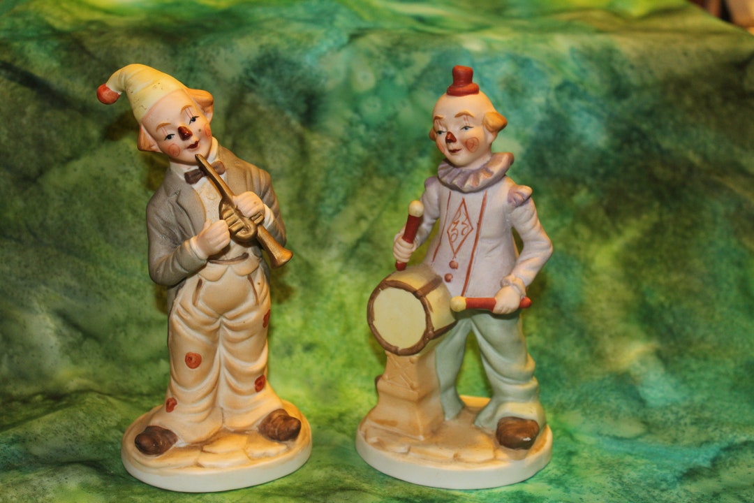 Vintage Pair of Porcelain Bisque Clowns Playing Instruments, Hand ...