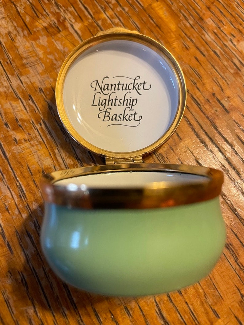 Vintage Crummles English Enamel Pill Case or Trinket Box, Nantucket Lightship With Flower Basket ...
