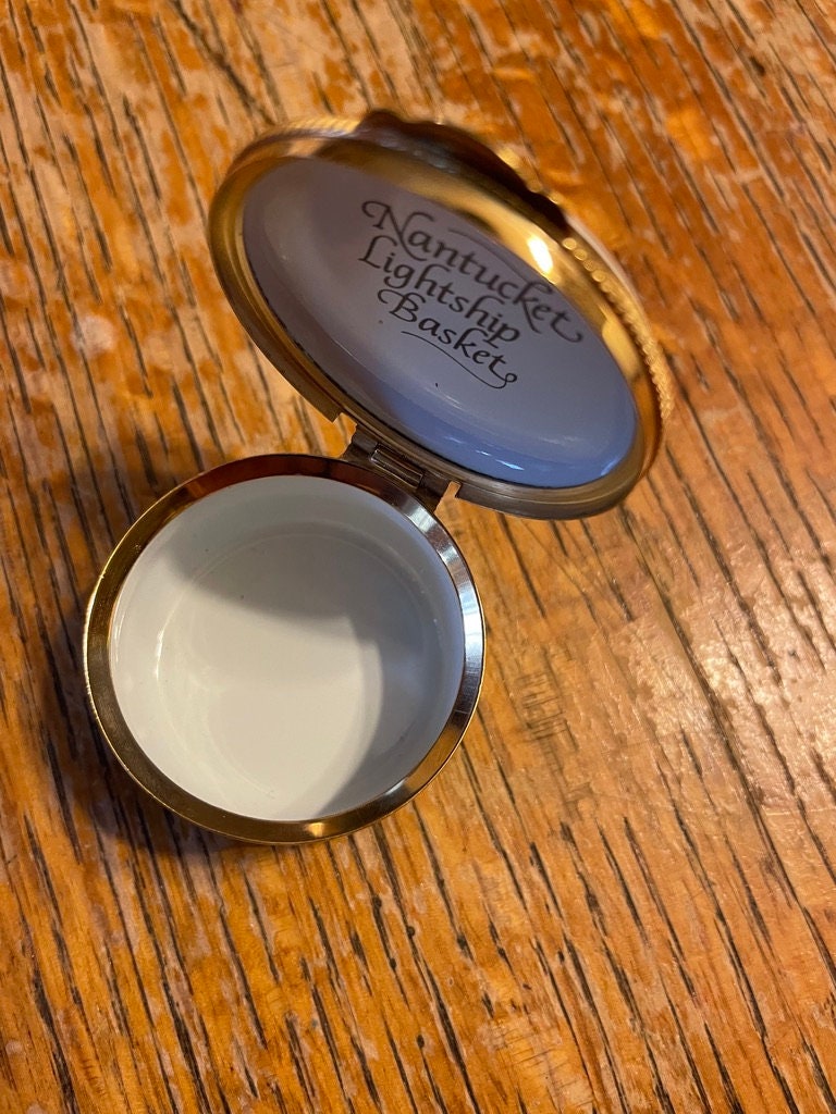 Vintage Crummles English Enamel Pill Case or Trinket Box, Nantucket Lightship With Flower Basket ...