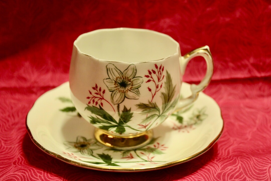Royal Vale Bone China Rounded Cup & Saucer, White, Red and Green ...