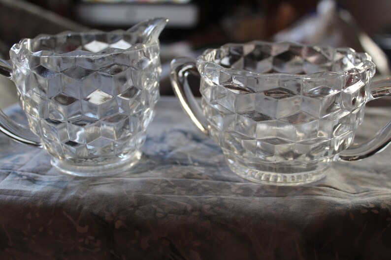 Vintage Depression Glass Clear Cream and Sugar Cubist Pattern | Etsy