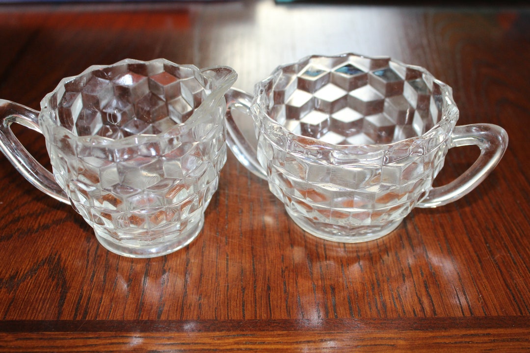 Vintage Depression Glass Clear Cream and Sugar Cubist Pattern - Etsy