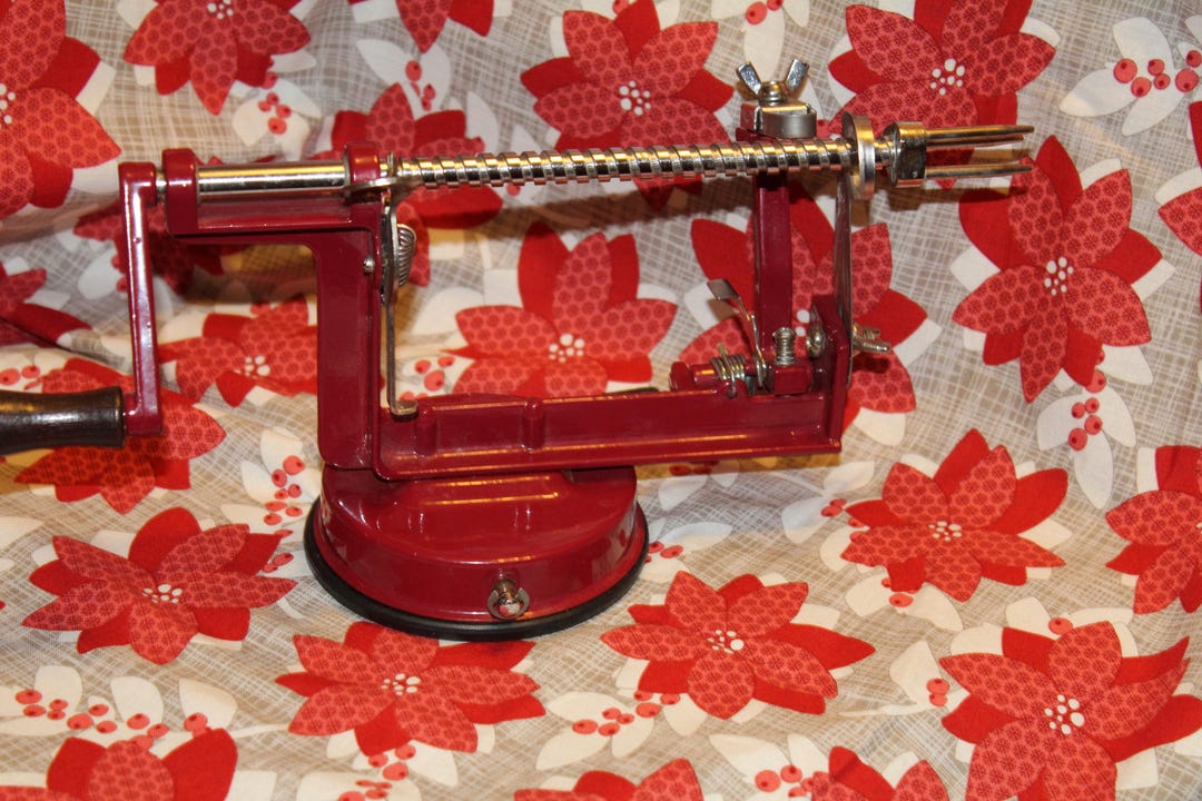 Vintage Red Metal Hand Crank Apple Peeler Corer With Locking Suction ...