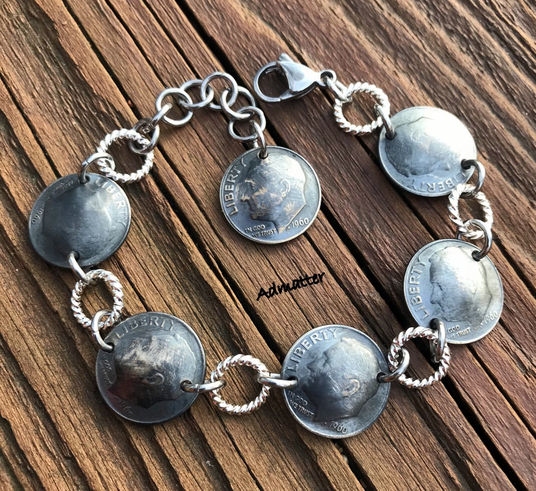 1960 SILVER Dime Bracelet Antiqued Dimes Birthday Gift for Women SALE ...