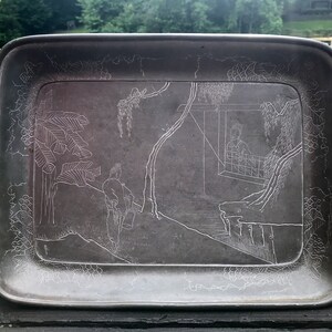 RARE Antique Chinese Huikee Swatow Hand Etched Pewter Tray Vintage ...