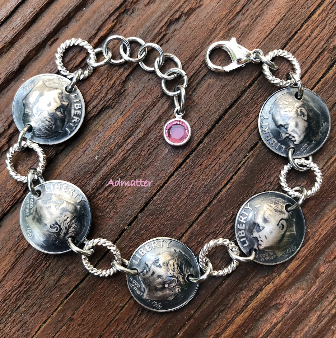 Silver Dime Bracelet Antiqued 1961 Dimes Pick Your Swarovski Birthstone ...