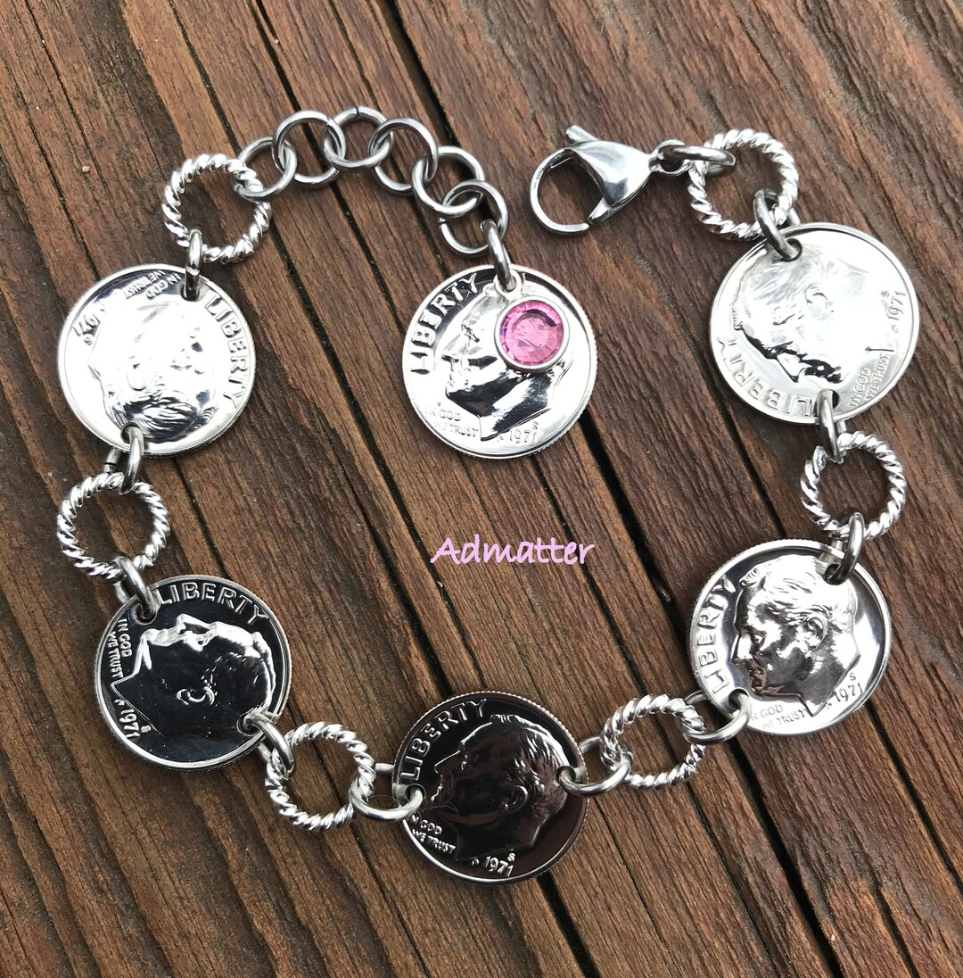50th Birthday Gift 1975 Dime Bracelet PICK Your Swarovski Birthstone ...