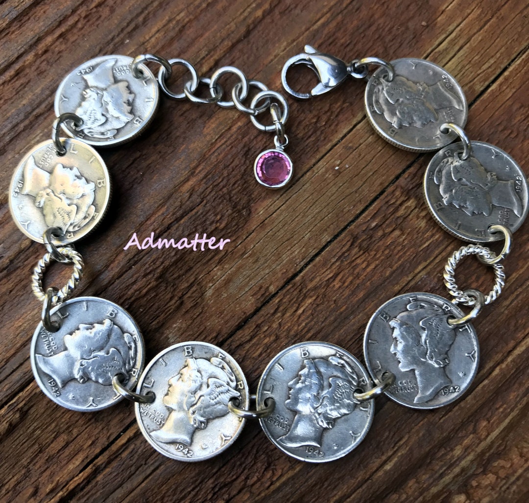 1944 Silver Liberty Head Dime Bracelet 80th Birthday Gifts for Women 8 ...
