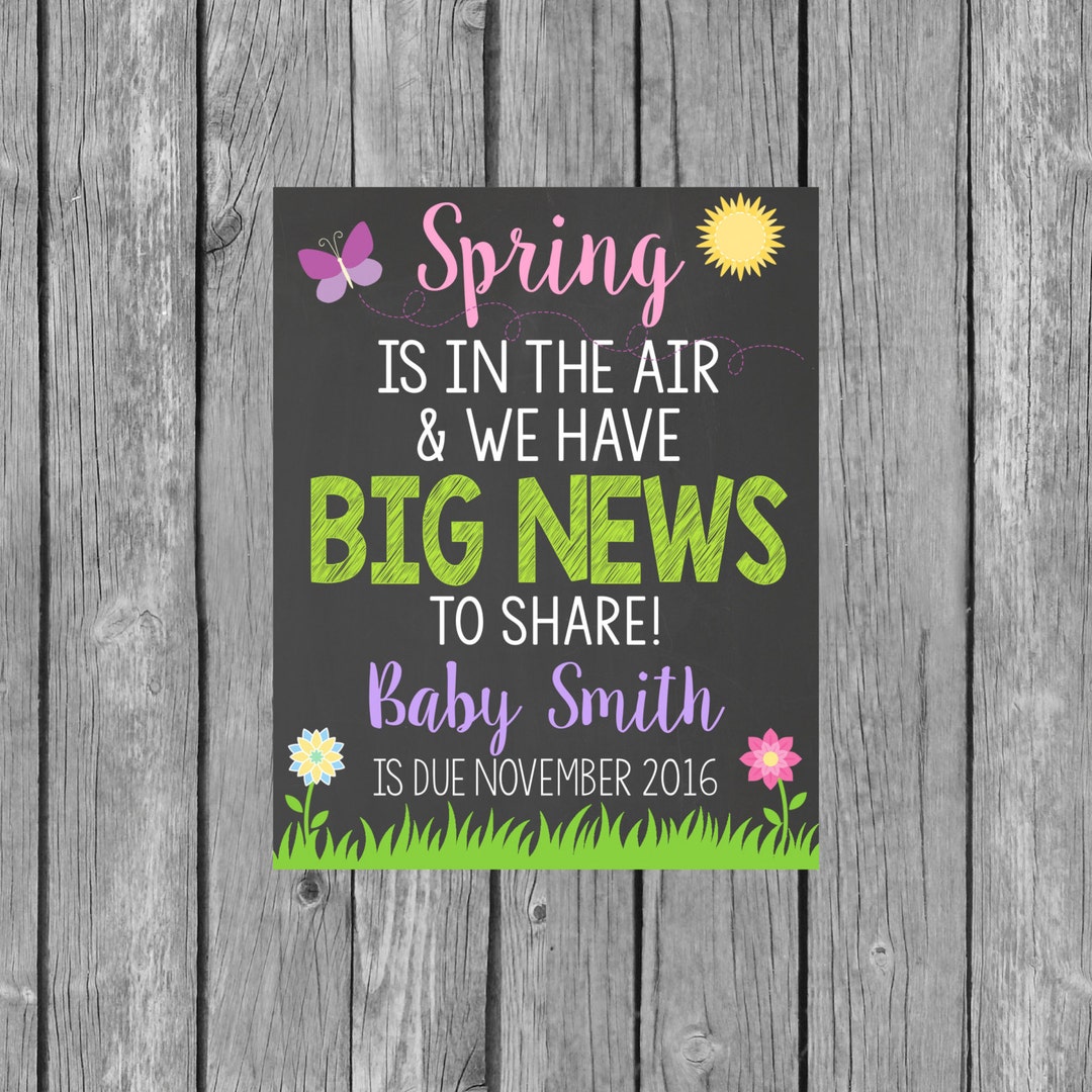 Spring Pregnancy Announcement Chalkboard Customized Printable File - Etsy