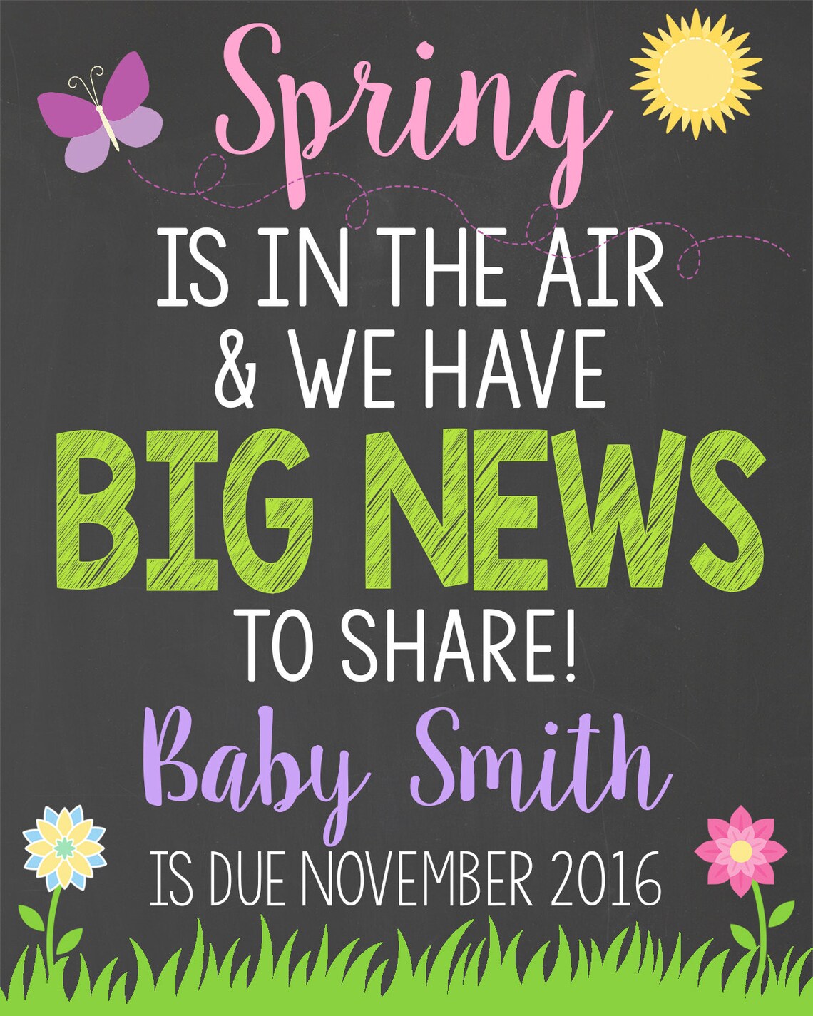 Spring Pregnancy Announcement Chalkboard Customized Printable - Etsy