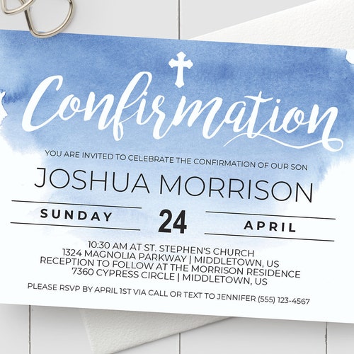 Printable Confirmation Invitation Blue Watercolor Instant - Etsy