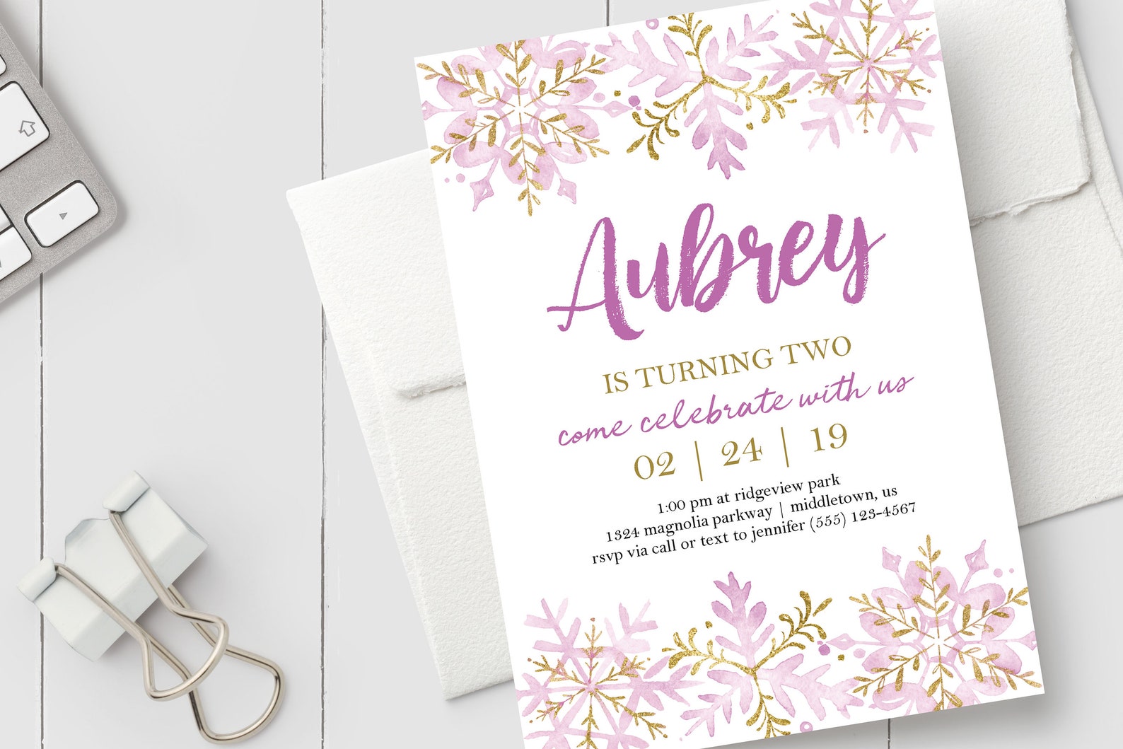 Printable Winter Birthday Invitation Editable Pink Snowflake | Etsy