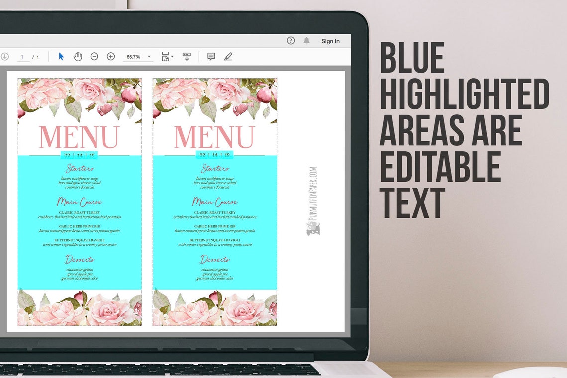 Printable Menu Editable Menu Floral Pink Roses Instant | Etsy
