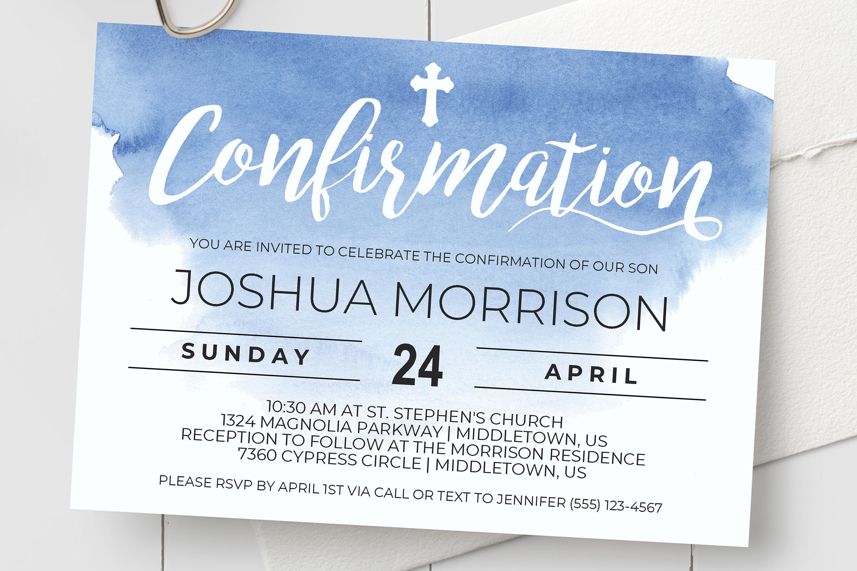Printable Confirmation Invitation Blue Watercolor Instant | Etsy UK