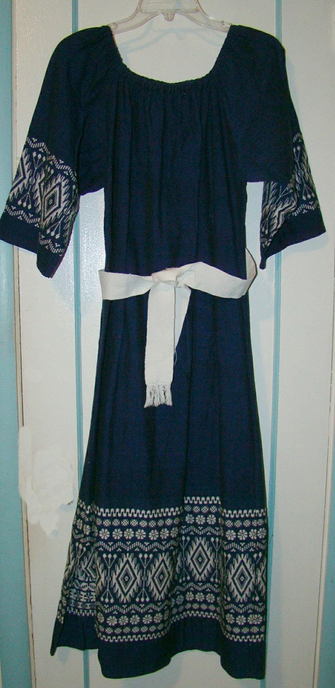 Vintage 1970's Guatemalan Indigo Dress, White Embroidered Patten, 3/4 ...
