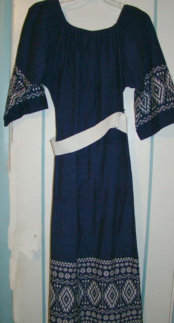 Vintage 1970's Guatemalan Indigo Dress, White Embroid… - Gem