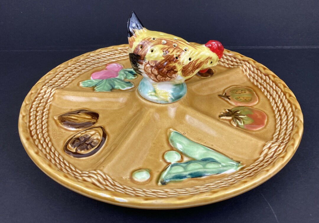 Vintage Hor D'oeuvres Divided Plate Platter W Chicken Toothpick Holder ...