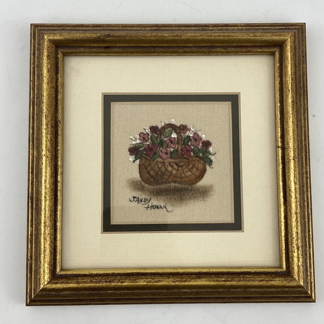 Vintage Signed Sandy Honan Theorem Painting Framed Basket With Flowers ...