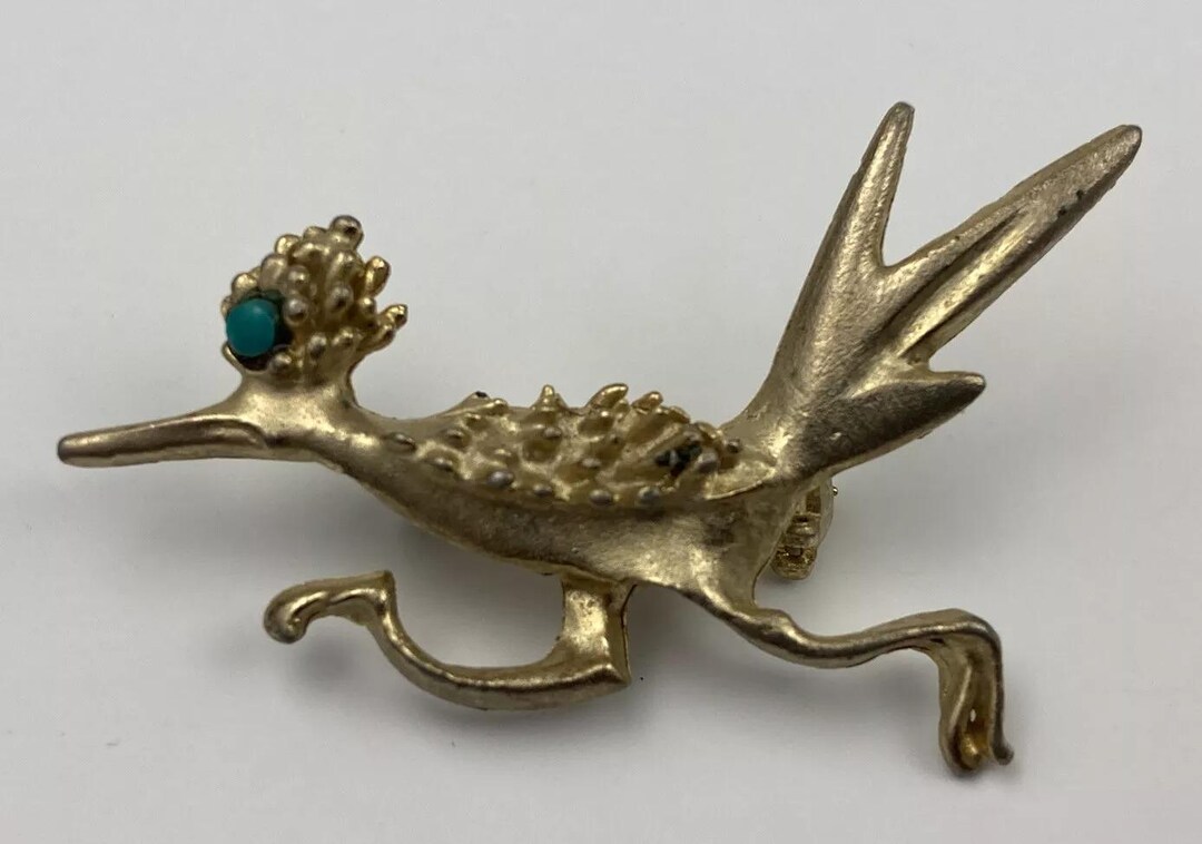 Vintage Gold Tone Road Runner Brooch Pin With Faux Turquoise Eye - Etsy