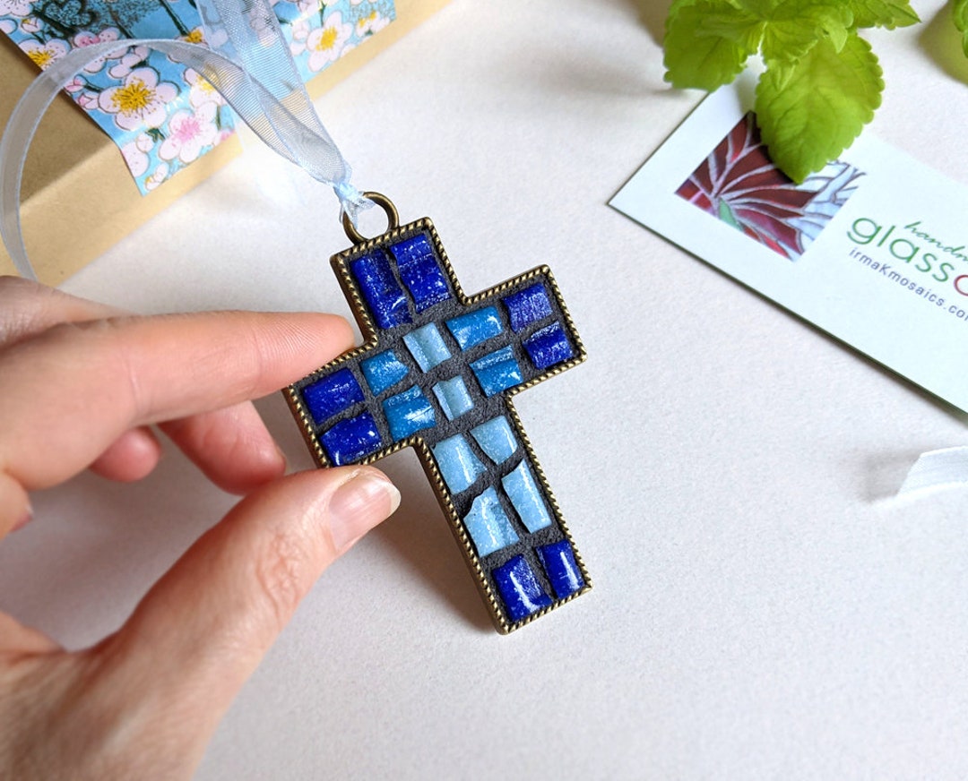 Blue Mosaic Cross Ornament, Stained Glass Charm Cross Small Pendant - Etsy