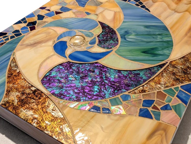 Mosaic Nautilus Seashell Wall Art, Handmade Original Iridescent Stained ...