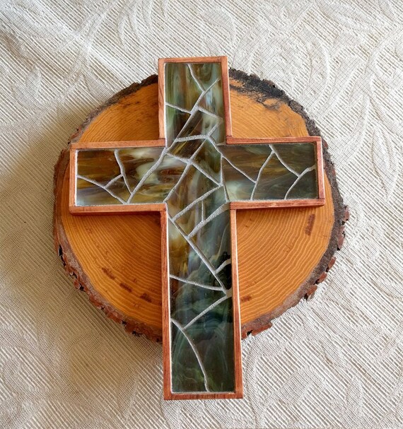 Primitive Wooden Wall Cross Earthy Brown Cross Stained Glass | Etsy