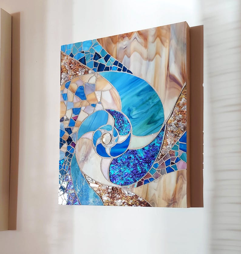 Mosaic Nautilus Seashell Wall Art, Handmade Original Iridescent Stained ...