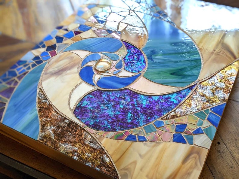 Mosaic Nautilus Seashell Wall Art, Handmade Original Iridescent Stained ...