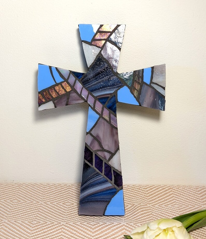 Mosaic Wall Cross Decor Blue Stained Glass Hanging Cross - Etsy