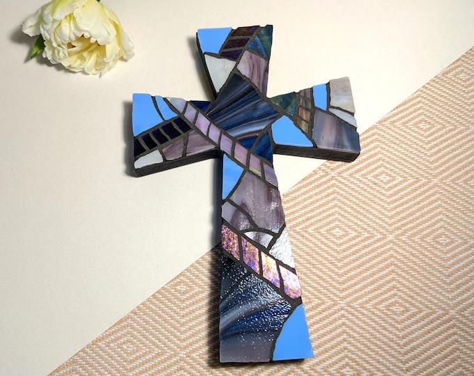 Mosaic Wall Cross Decor Blue Stained Glass Hanging Cross 9" - Etsy