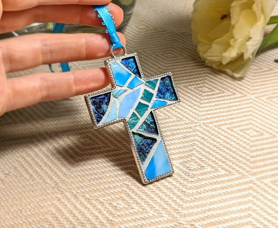 Blue Mosaic Cross Ornament Stained Glass Charm Cross Small | Etsy