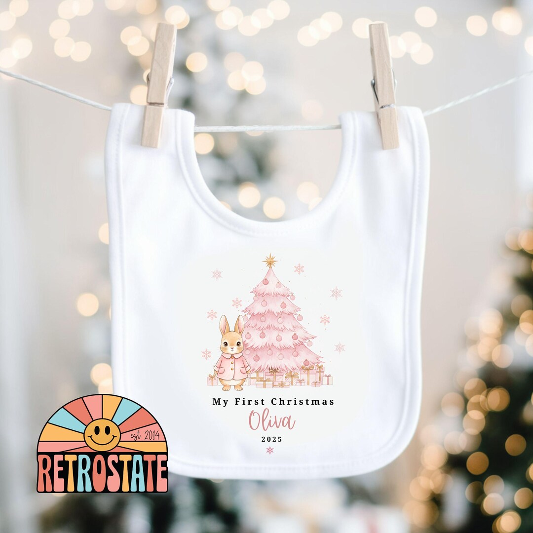 Girls First Christmas Bib 2025, Custom Pinktree & Bunny Design, My 1st ...